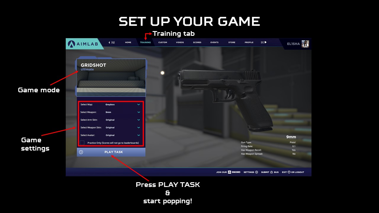 Selected game mode Steam account name Score Selected weapon